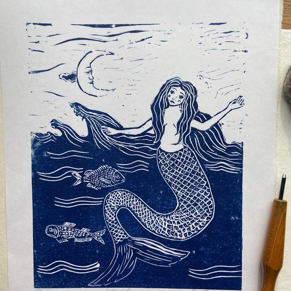 Mermaid Linocut - Etsy
