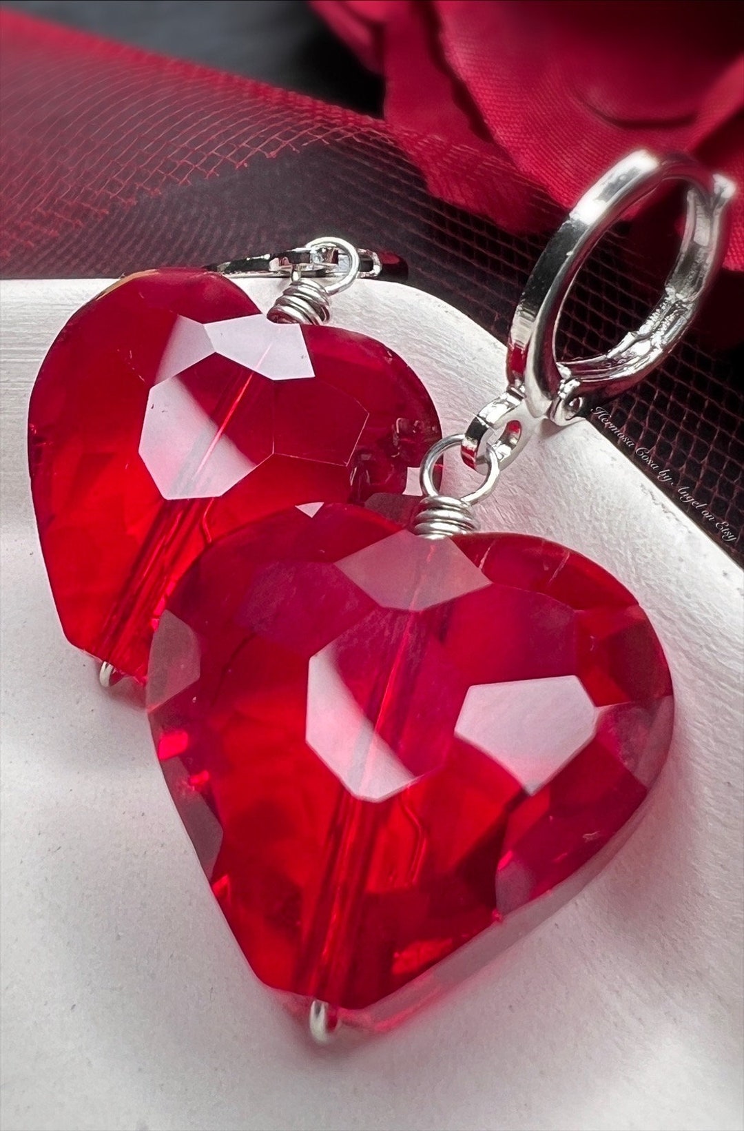 Red Crystal Heart Hoop Earrings Red Heart Earrings Valentines Jewelry ...