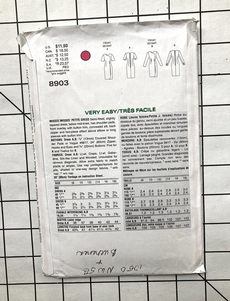Very Easy Very Vogue 8903 Sewing Pattern Dress Work Office Business ...