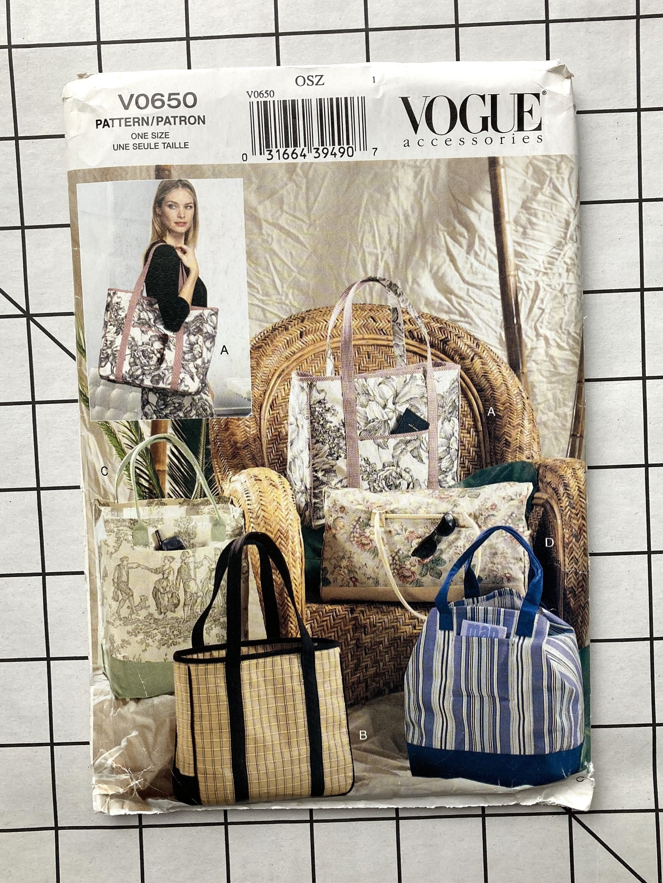 Vogue V0650 Sewing Pattern Tote Bag Purse Handbag Hand Bag Duffle Gym ...