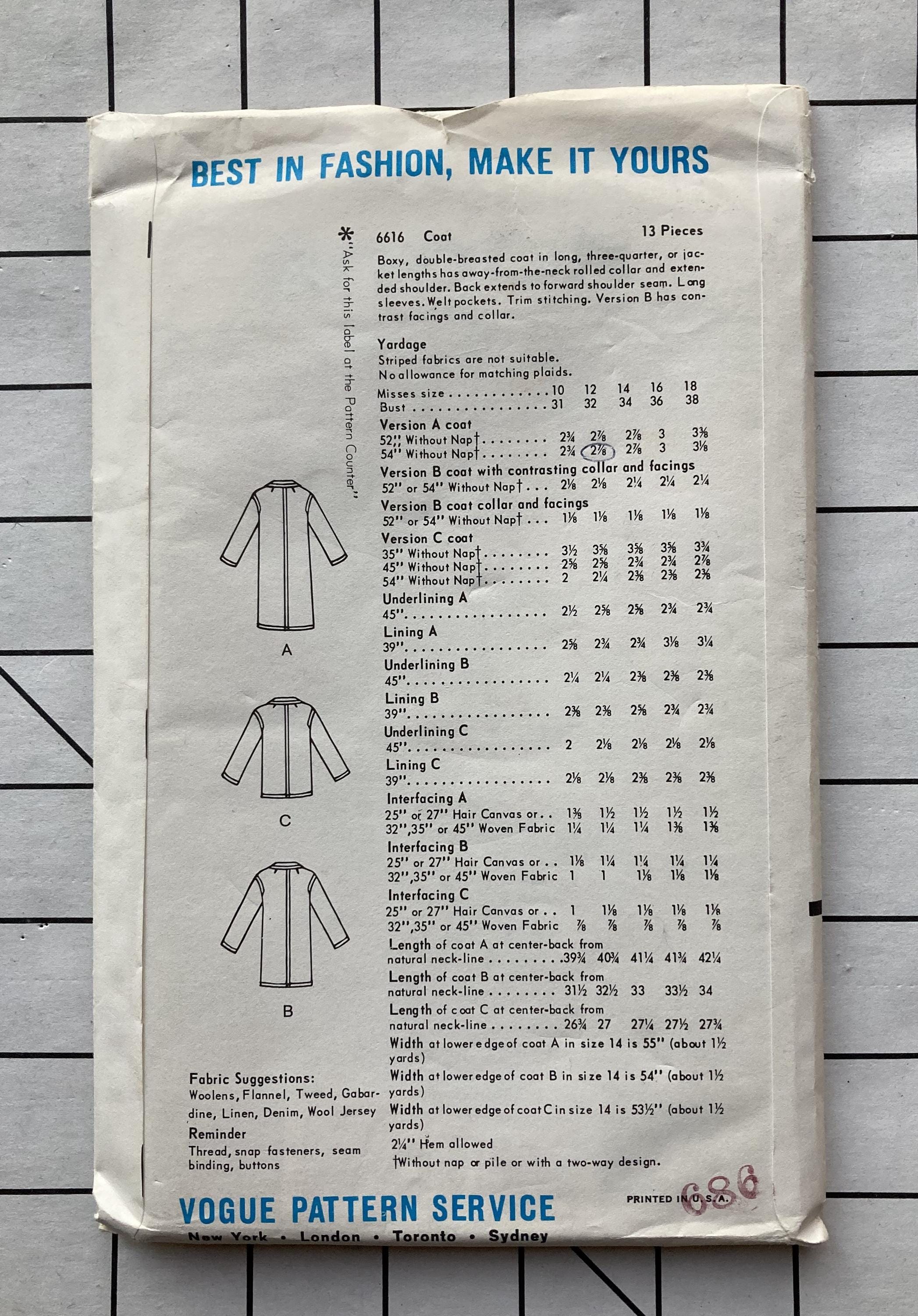 Vogue 6616 Sewing Pattern Boxy Coat Jacket Trench Blazer Double ...