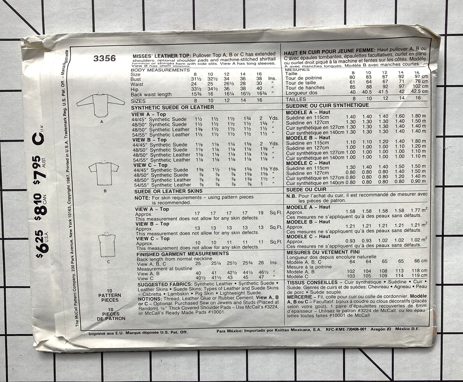 Mccalls 3356 Sewing Pattern Leather Suede Synthetic Pleather Blouse ...