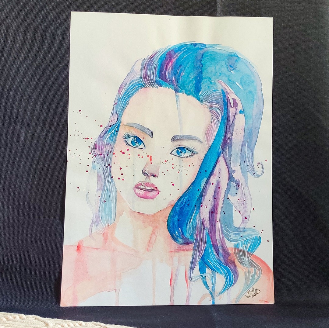 Dust | Original Watercolour Painting of a Girl With Blue Hair and ...