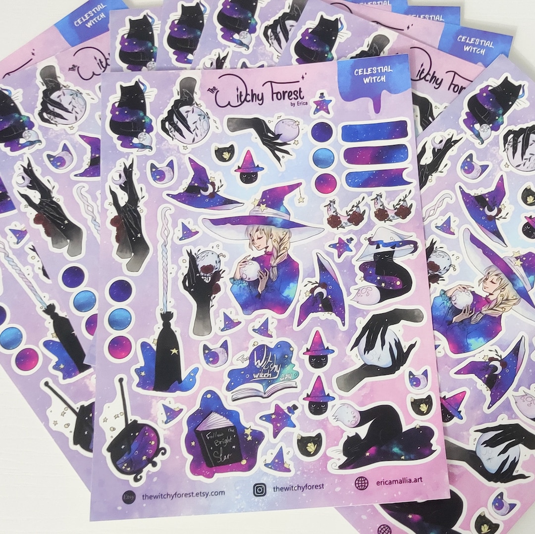 Celestial Witch Sticker Sheets WATERPROOF Moon and Stars With Witchy ...
