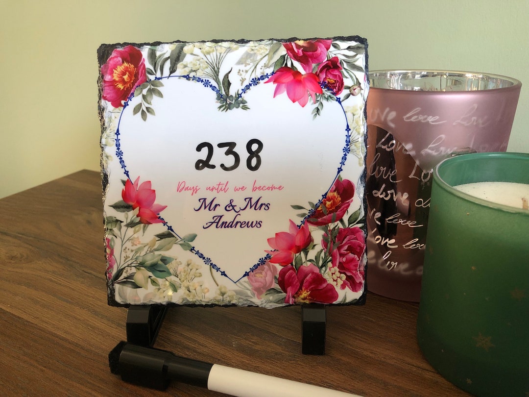 Personalised Blue and Pink Flower Wedding Countdown Slate, Days Until ...