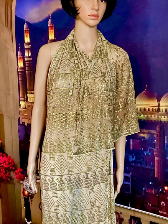 RARE Huge GOLDEN Egyptian Motif Vintage Assuit Shawl … - Gem