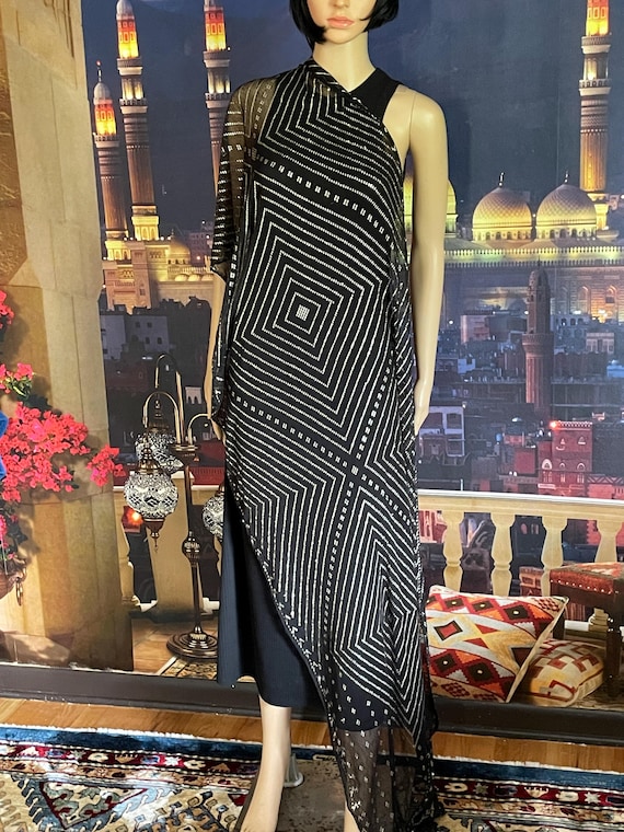 Egyptian Vintage Assuit Shawl PERFECT Black Silver 1… - Gem