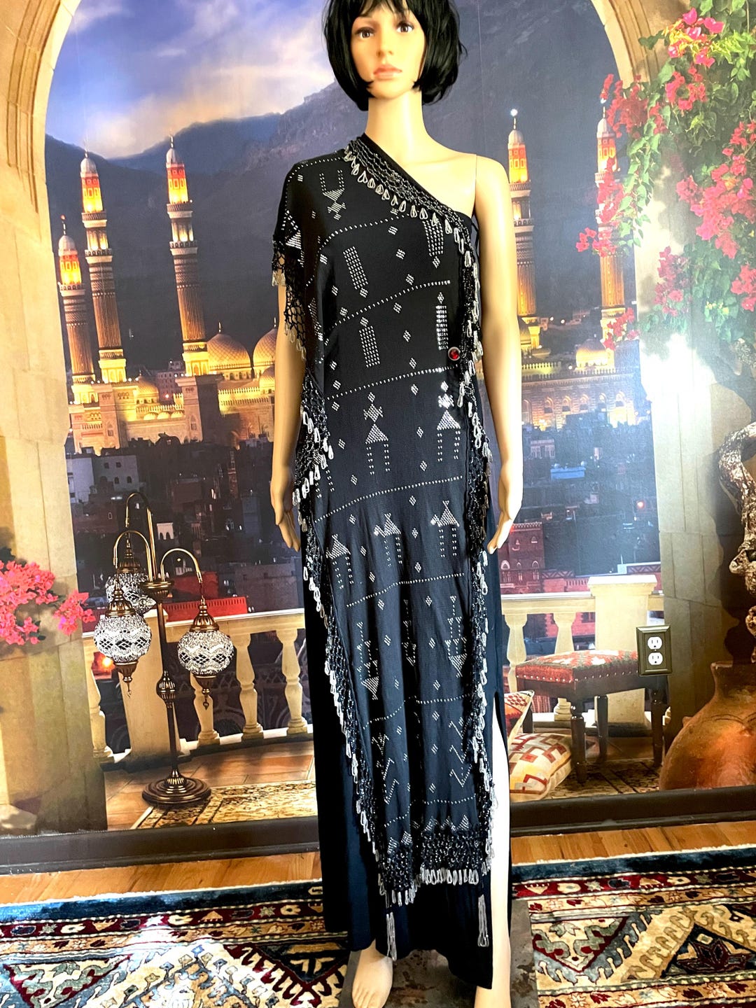 Black SILVER Egyptian Assuit Scarf Hipscarf Bellydance scarf FAIR TRADE ...