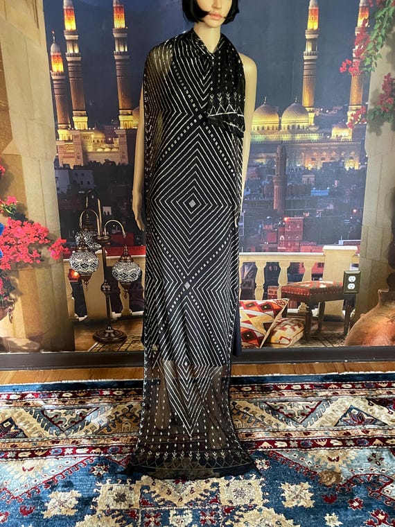Egyptian Vintage Assuit Shawl PERFECT Black Silver 1… - Gem