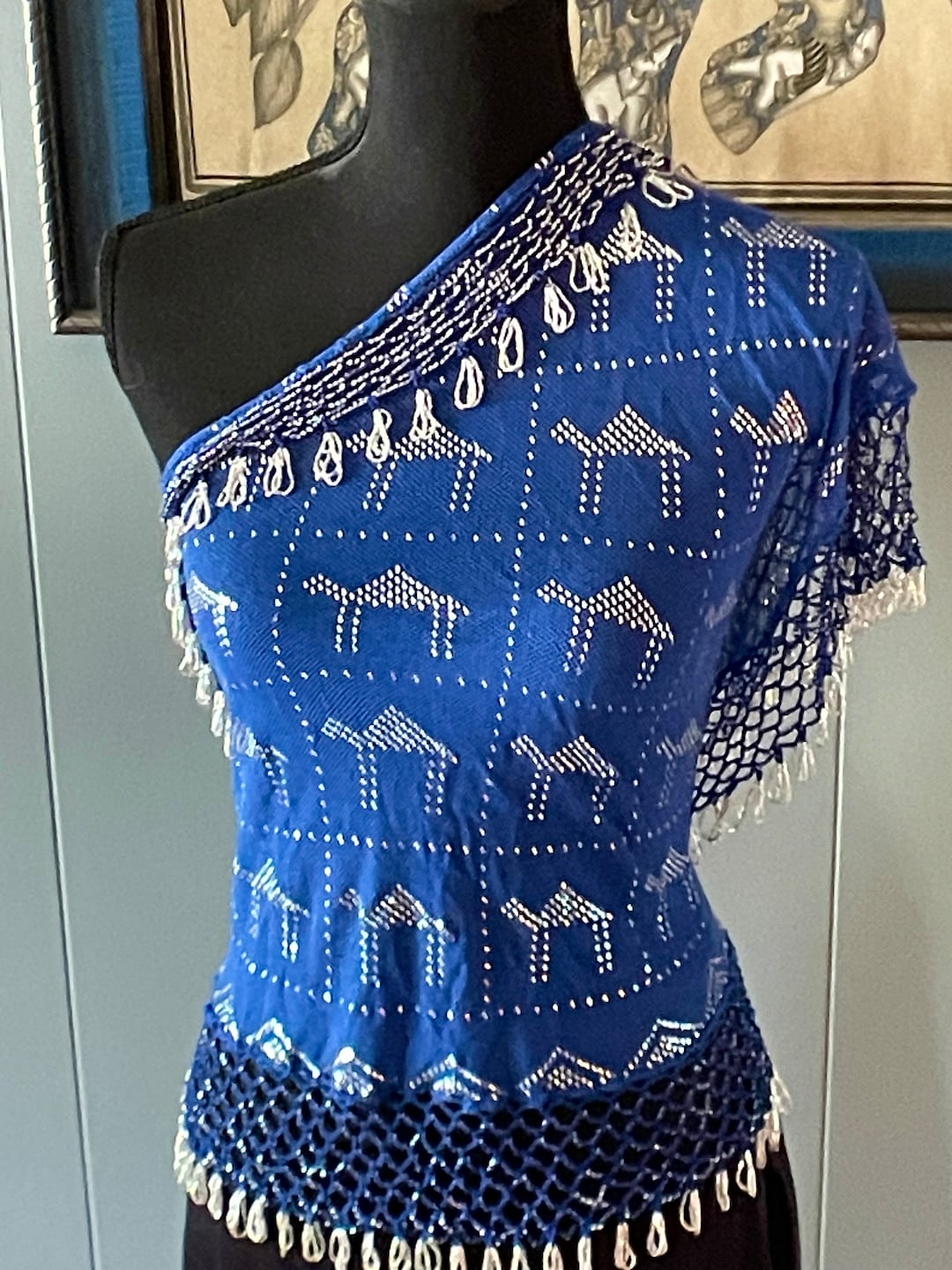 Royal Blue Egyptian Assuit Beaded/crochet Scarf Hip Scarf With Bright ...