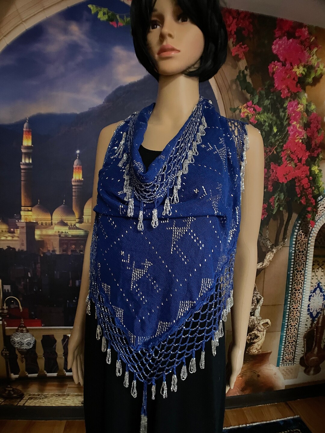 Royal Blue Egyptian Assuit Beaded/crochet Scarf Hip Scarf With Bright ...
