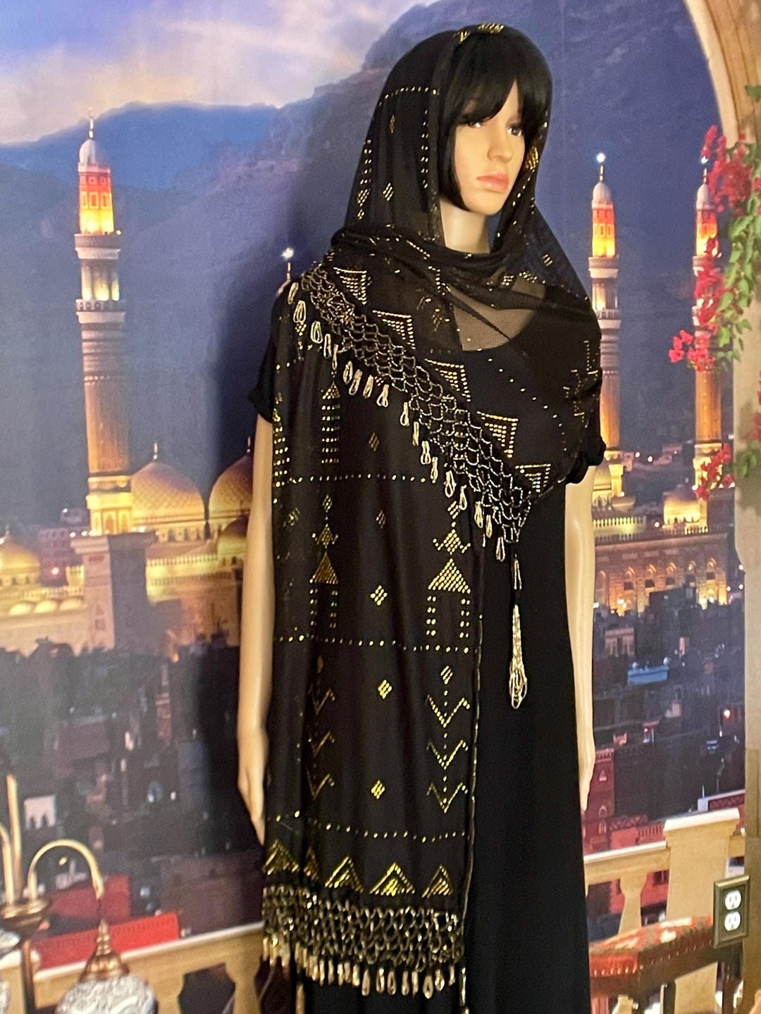 Black Egyptian Assuit With Gold Hipscarf/scarf/belt With Crochet and ...