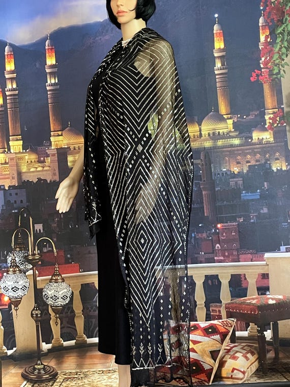 Egyptian Vintage Assuit Shawl PERFECT Black Silver 1… - Gem