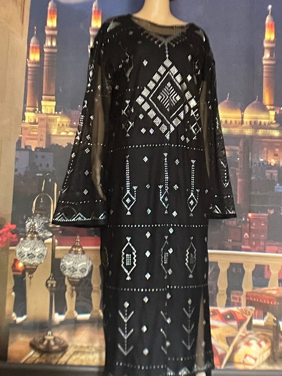 Black Egyptian Assuit Dress/galabeya/tunic With Silver Classic Motifs ...