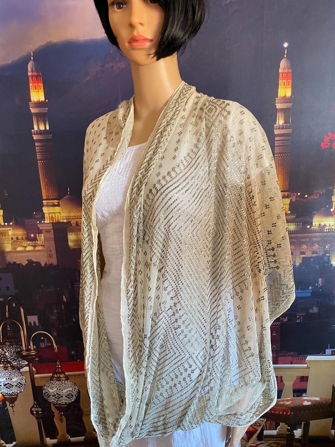 21 Diamond Egyptian Antique/vintage ASSUIT Shawl 1910's With SILVER ...
