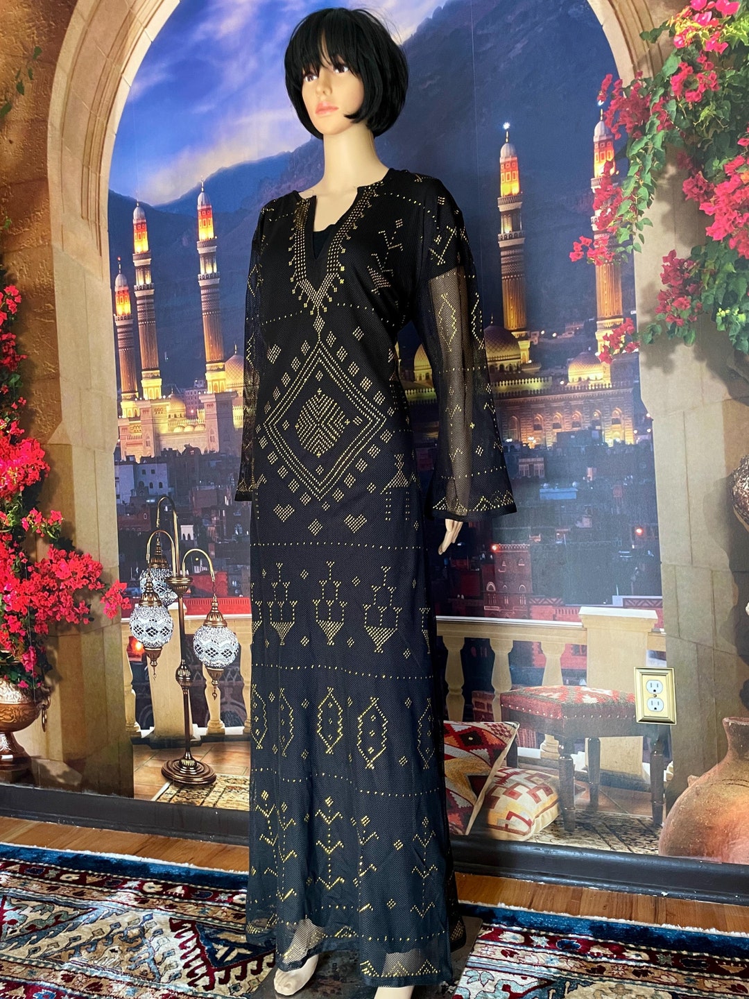 Black Egyptian Assuit With GOLD Dress Galabeya Tunic Bellydance Gold ...