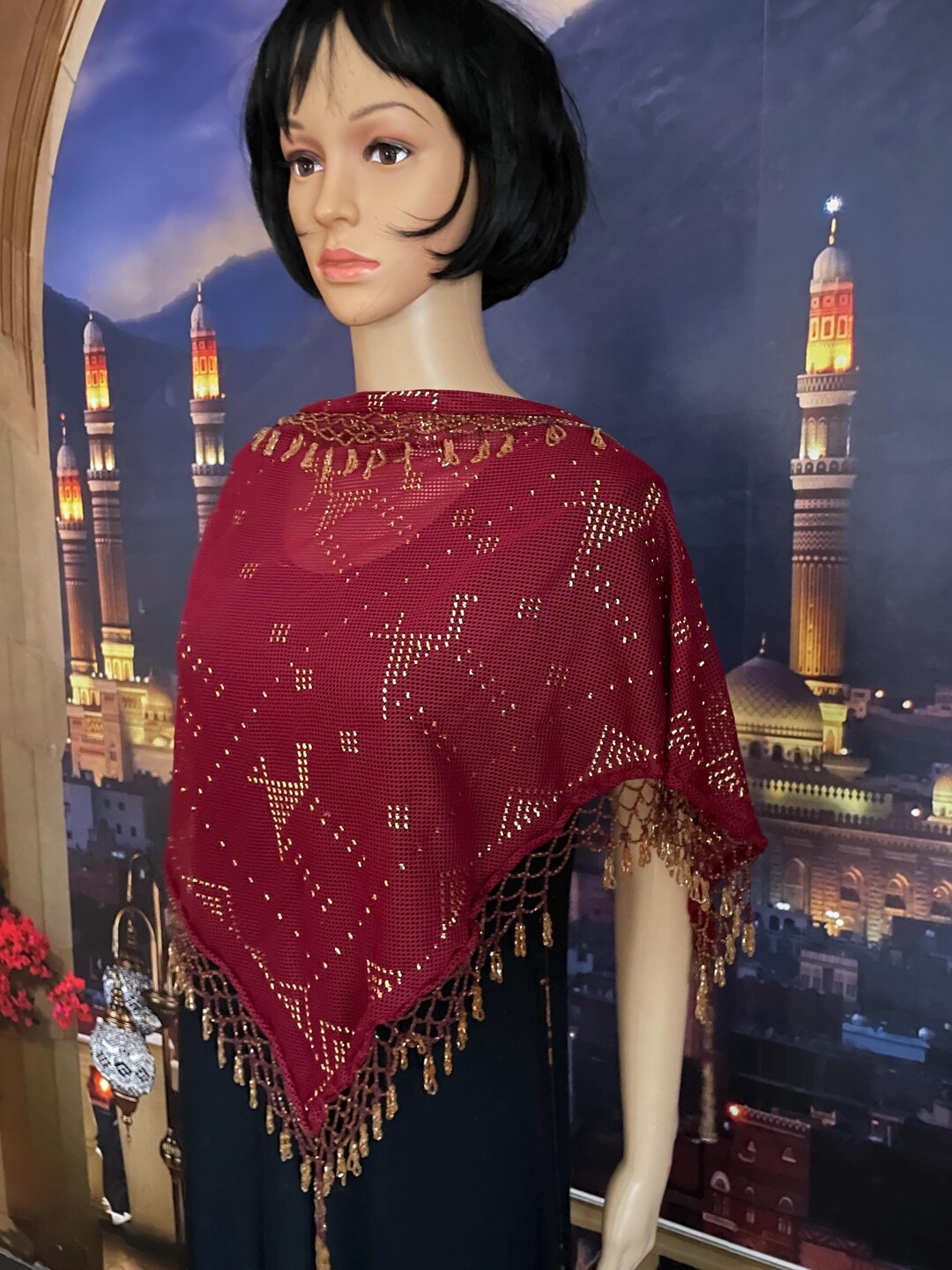 Burgundy Red Egyptian Assuit Hip Scarf With GOLD Dancers/brides Beaded ...