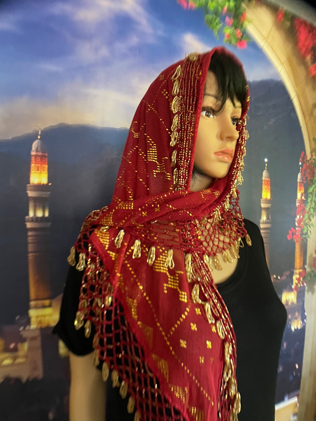 Burgundy Red Egyptian Assuit Hip Scarf With GOLD Dancers/brides Beaded ...