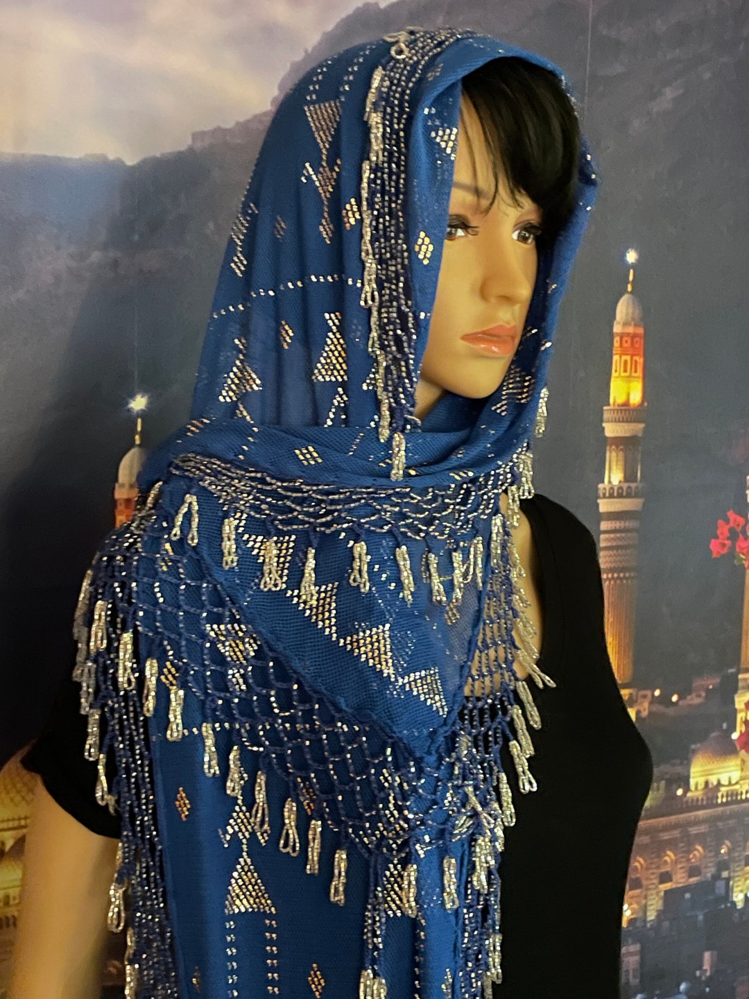 Royal Blue Egyptian Assuit Hipscarf/scarf Rectangular With SILVER and ...