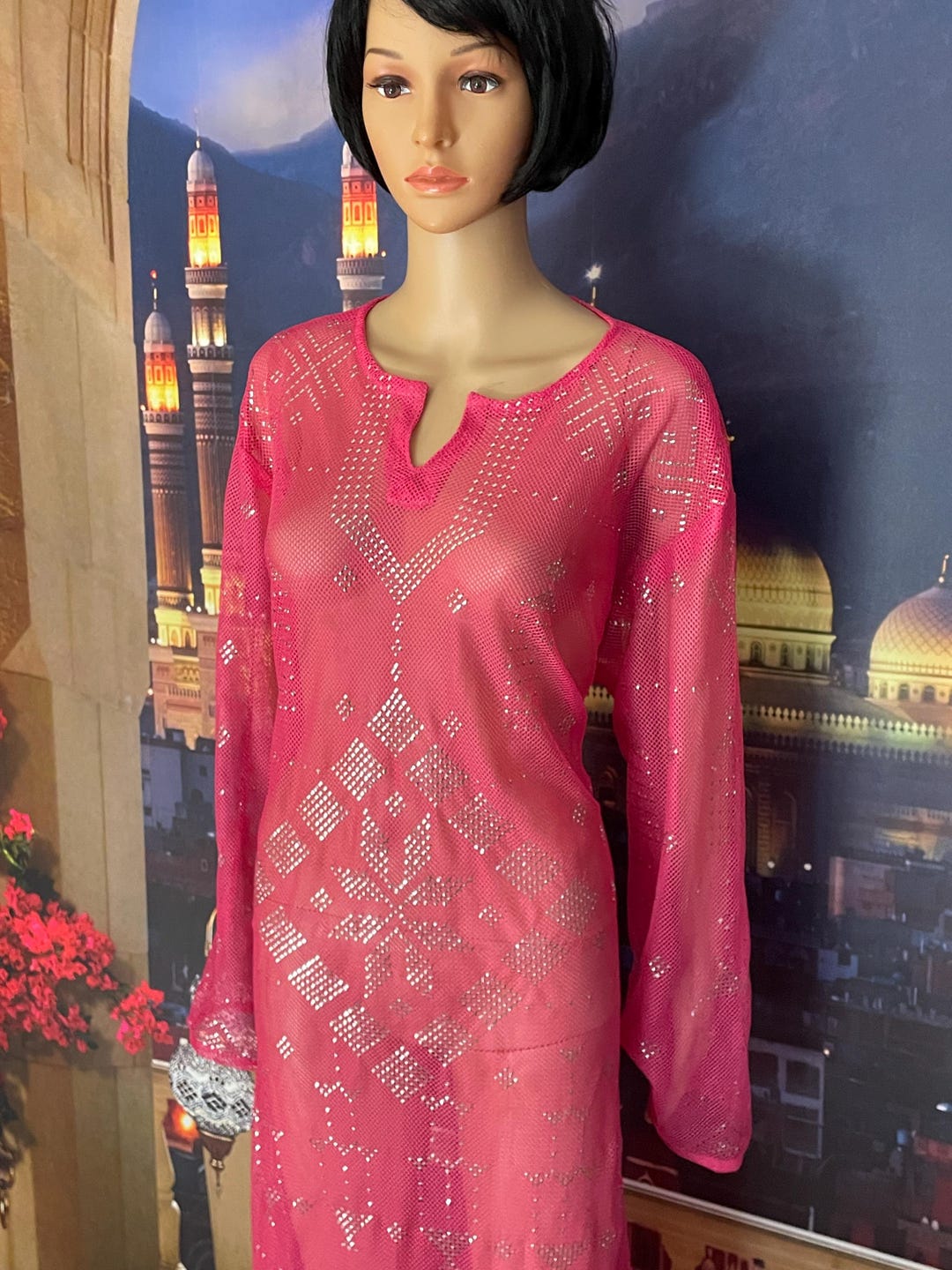 NEW COLOR Hot PINK With Silver Egyptian Assuit Lightweight Galabeya ...