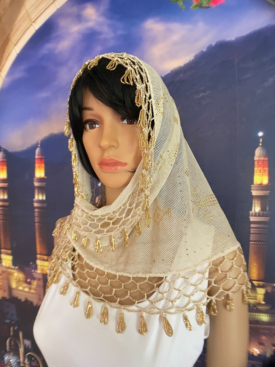Gold Assuit Egyptian Hip Scarf on Soft White Tulle Bellydance Scarf ...