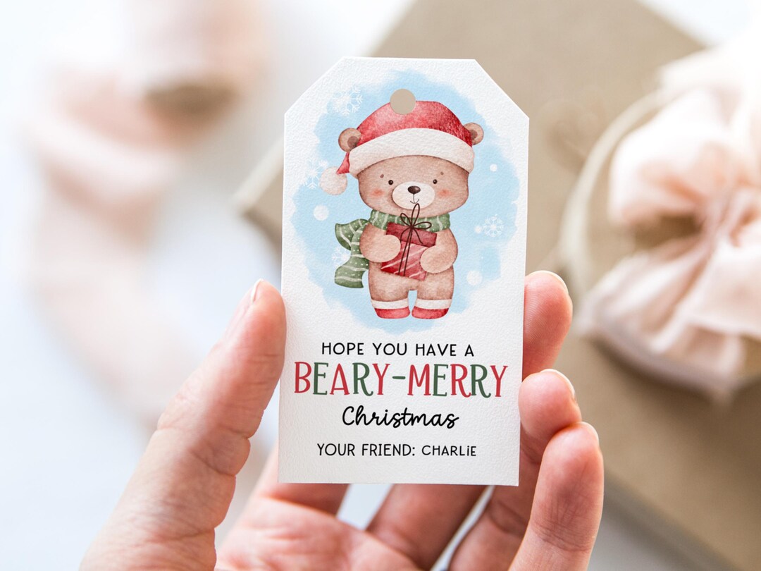 Beary Merry Christmas Gift Tag, Printable Bear Holiday Label, Editable ...