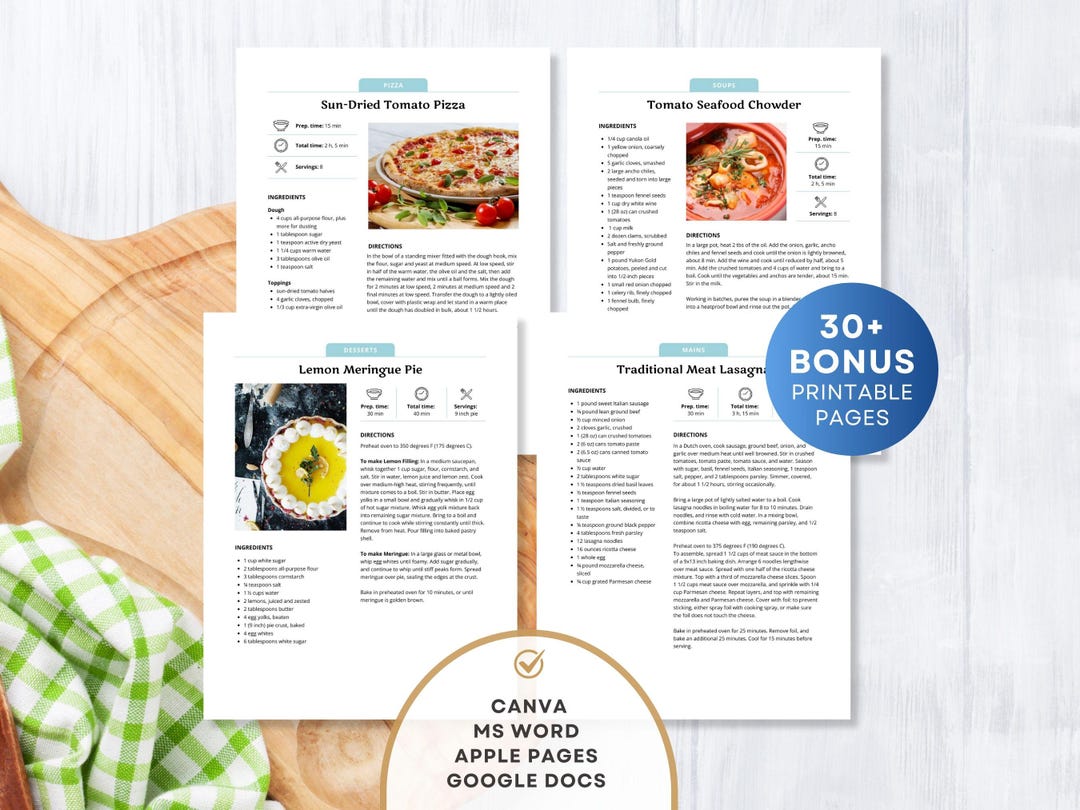 4 Page Editable Recipe Cookbook Template, MS Word, Mac Apple Pages ...
