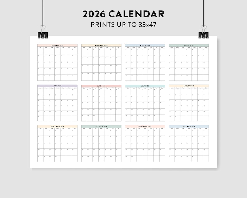 2026 Printable Year at a Glance Calendar, Oversized Wall Print, 12 ...