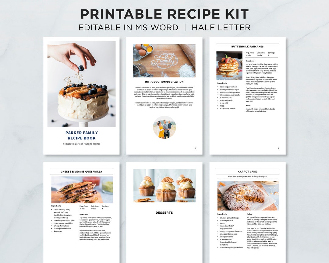 Half Page Recipe Template for MS Word Half Letter Editable - Etsy UK
