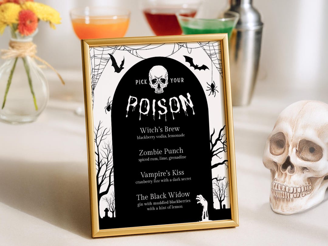 Editable Halloween Bar Menu Sign, Pick Your Poison, Black & White ...