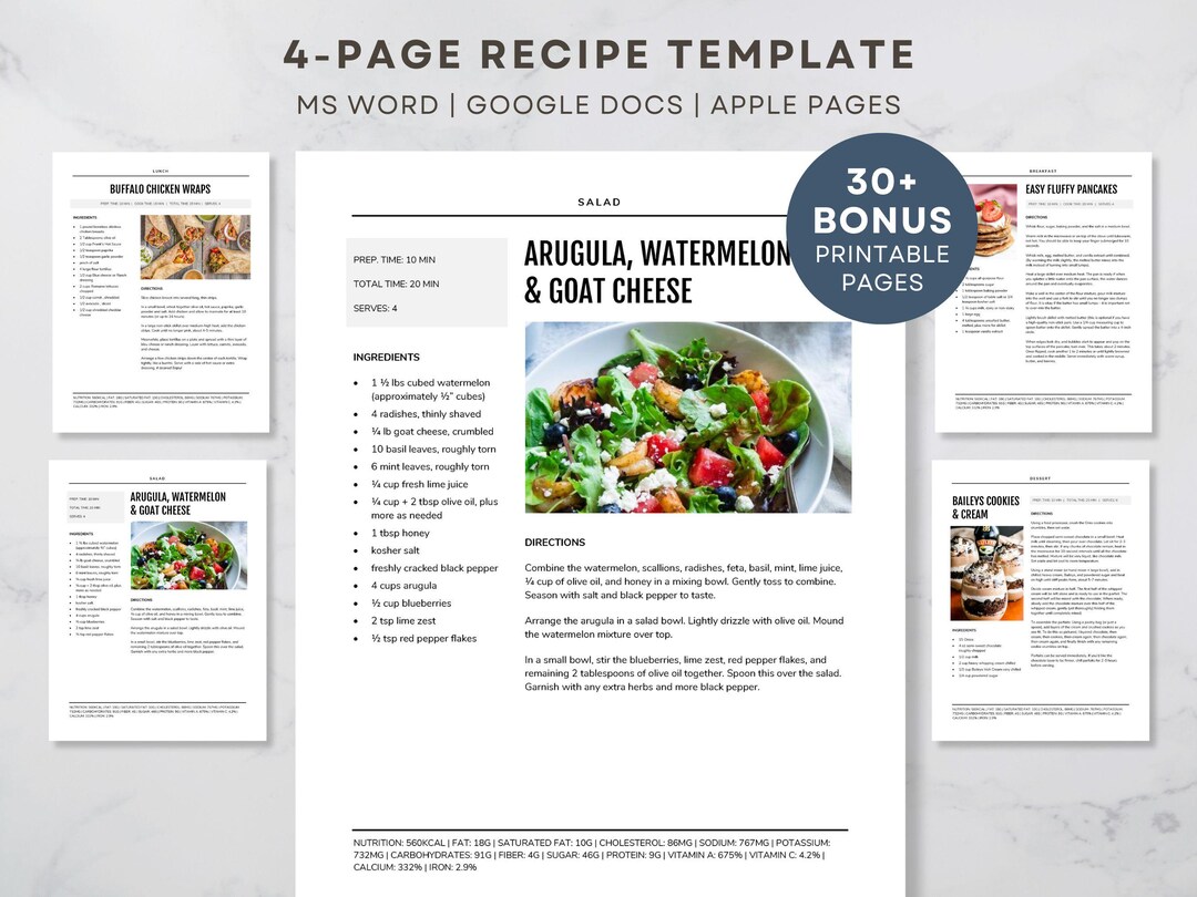 Recipe Book Template, Editable Recipe Cookbook, Kitchen Pages, Word, Apple Pages, Google Docs ...