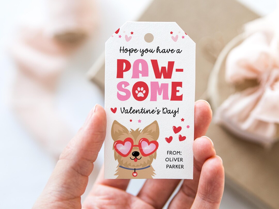 Pawsome Valentine's Day Tag, Dog Printable Classroom Valentine Favor ...