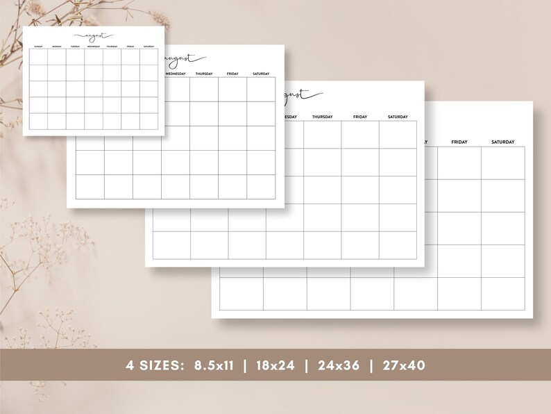 Blank Printable Monthly Calendar, Undated Large Wall Planner, 8x11 ...