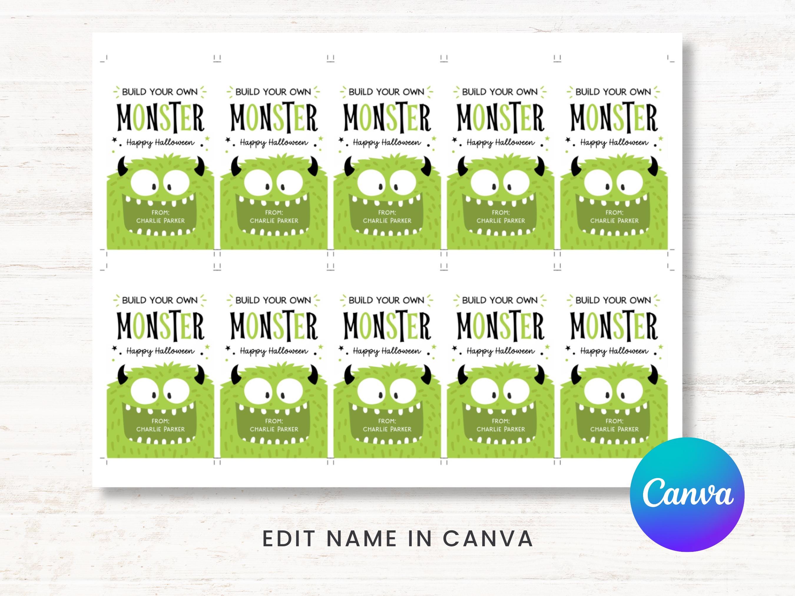 Build Your Own Monster Gift Tag, Printable Halloween Party Favor Tag ...
