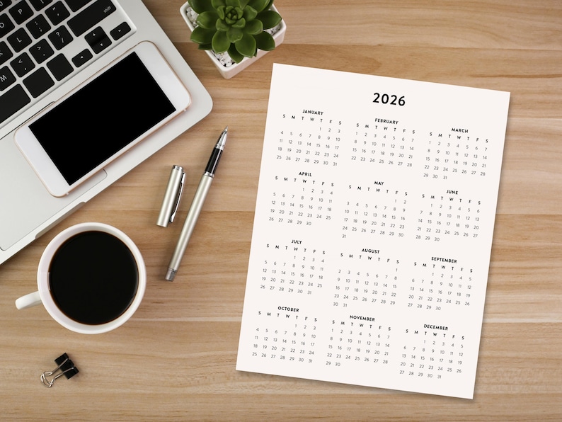 2026 Year at a Glance Printable Desk Calendar, Minimalist One-page Wall ...