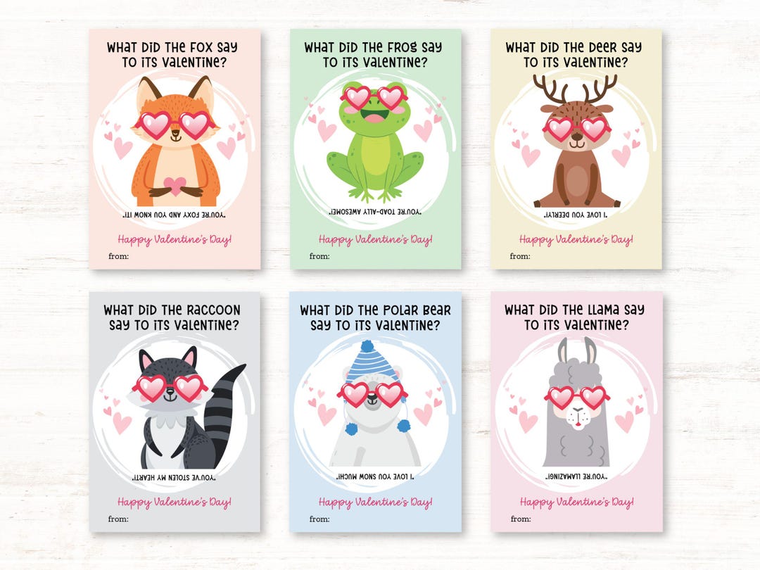 6 Printable Valentine Cards for Kids, Funny Animal Jokes, Classroom ...