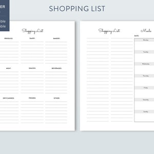 Shopping List, Simple Printable and Fillable Shopping List With Meals ...
