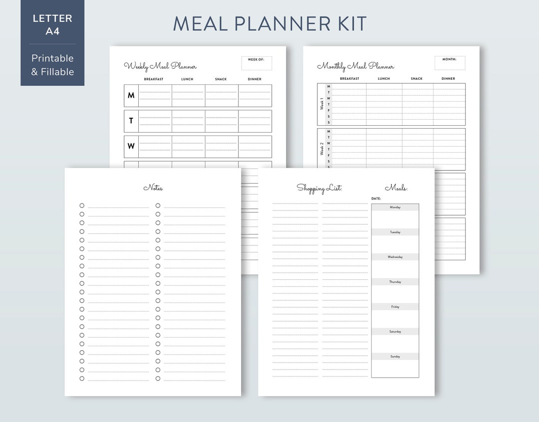 Meal Planning Kit, Printable Weekly and Monthly Meal Planners, Shopping ...