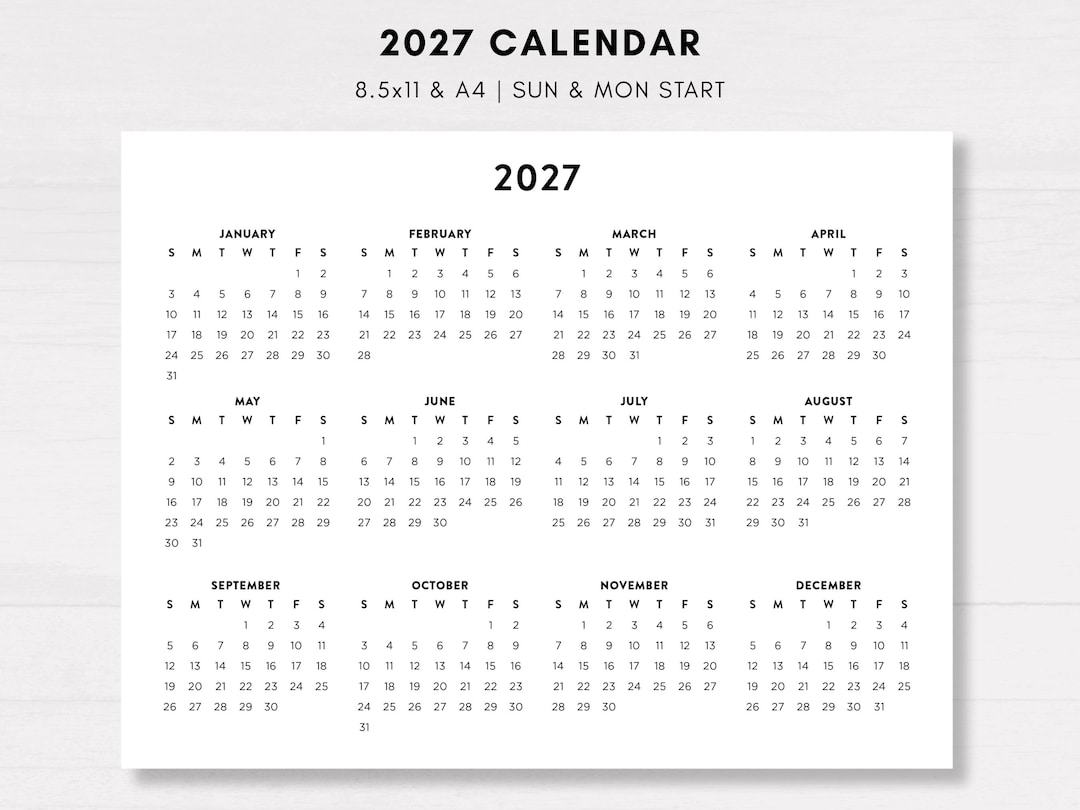 Minimalist 2027 Year at a Glance, Printable One-page Wall Calendar ...