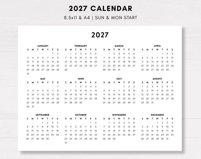 2027 Yearly Calendar: Landscape Planner, A4/letter Size (printable PDF ...