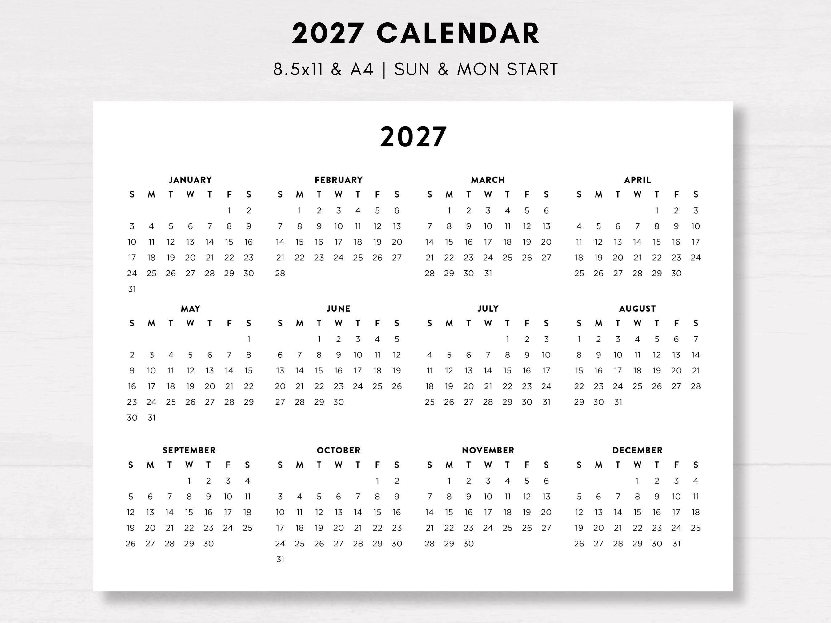 Minimalist 2027 Year at a Glance, Printable One-page Wall Calendar ...