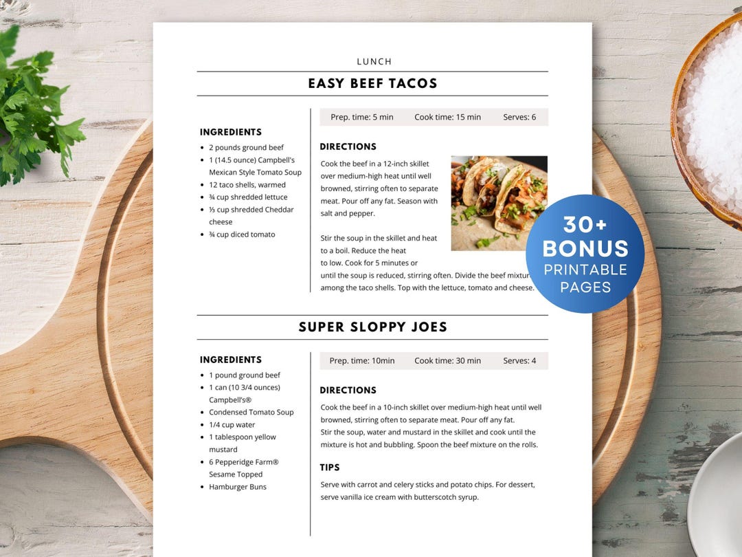 Short Recipe Template, Printable 2 Recipe per Page Template, Editable ...