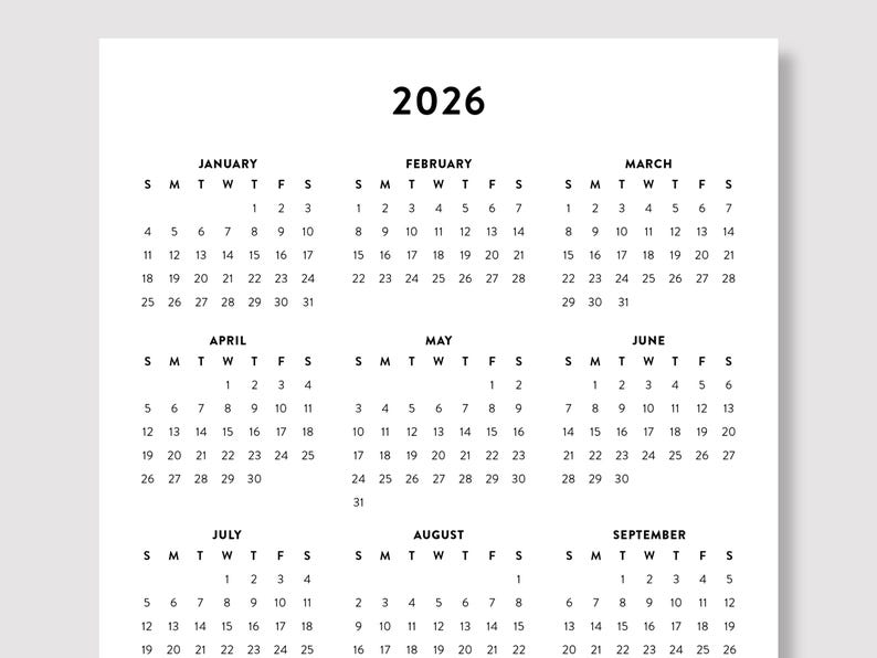 2026 Year at a Glance Printable Desk Calendar, Minimalist One-page Wall ...