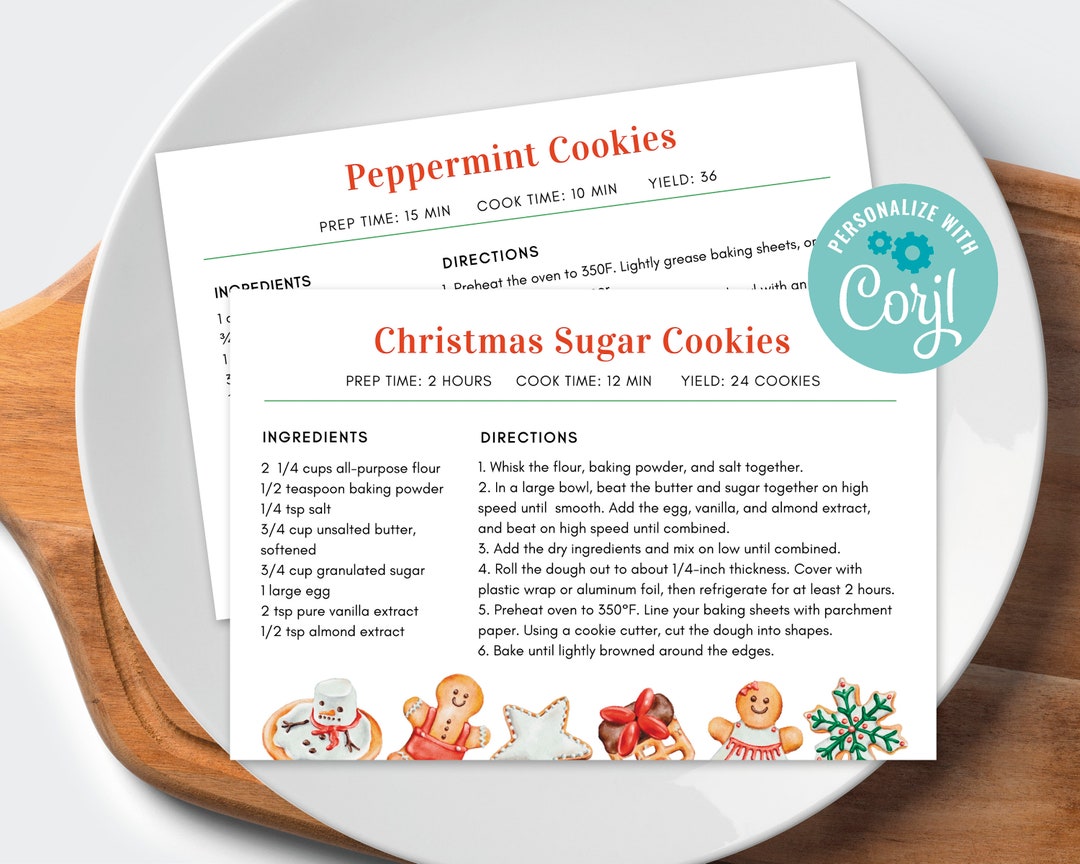 Editable Christmas Recipe Card, Holiday Printable Recipe Cards 4x6 and ...