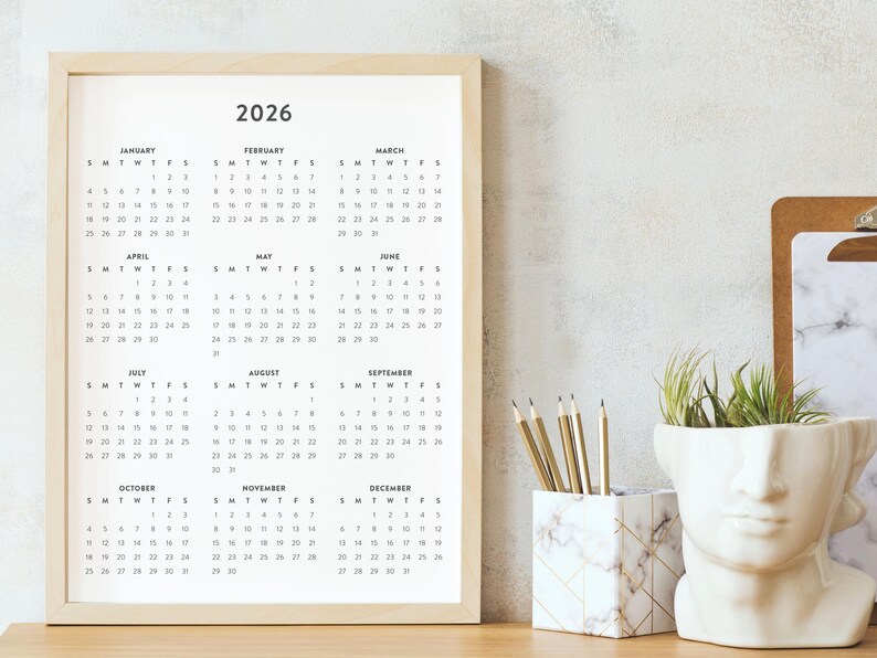 2026 Year at a Glance Printable Desk Calendar, Minimalist One-page Wall ...