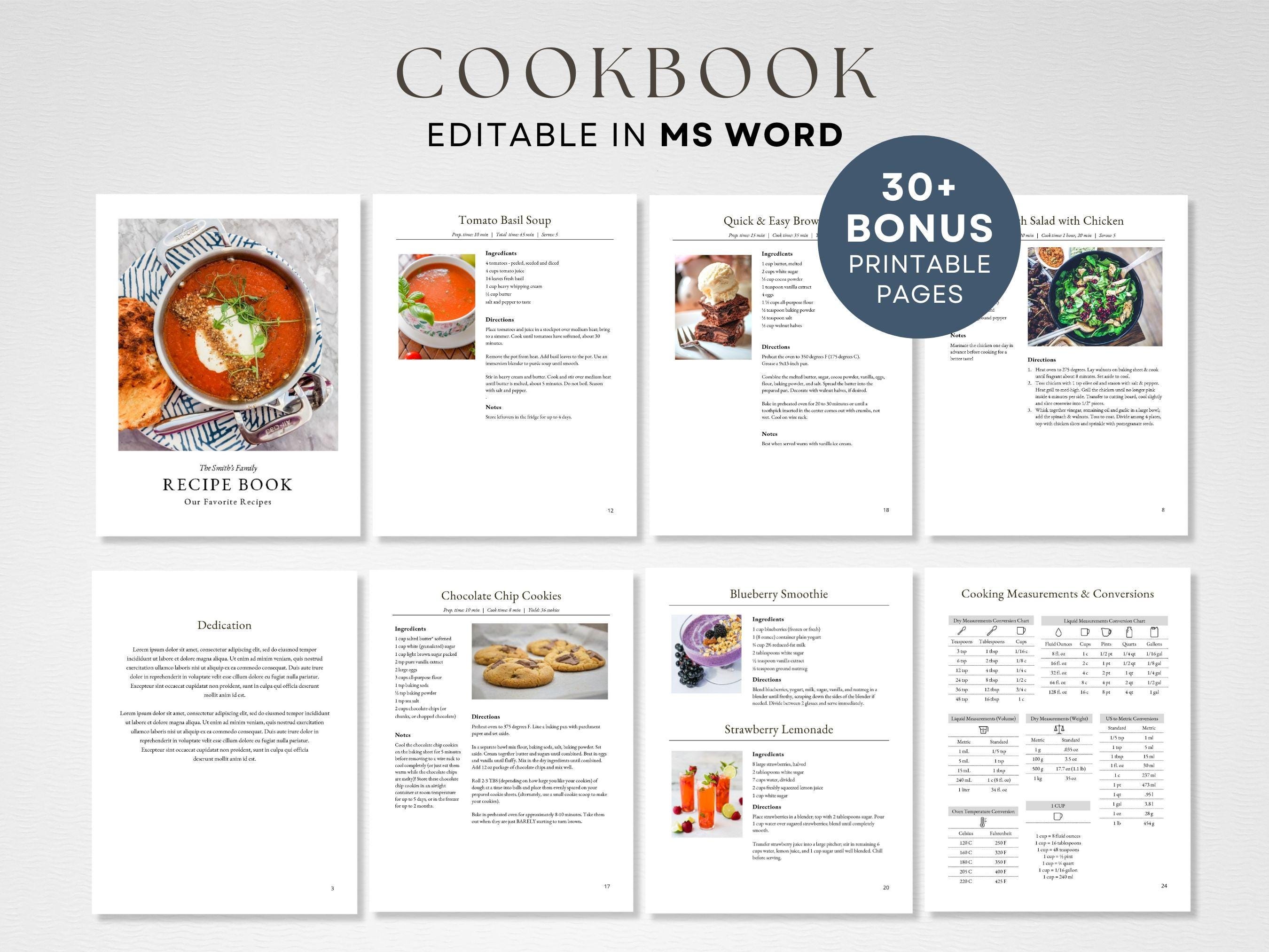 Editable Cookbook MS Word Template Classic Style, Printable Recipe Book Binder Kit, Kitchen ...