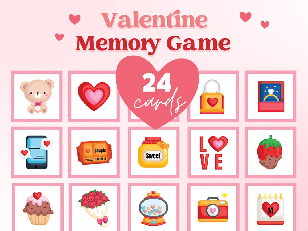 Valentine Memory Game, Fun Card Matching Game, Printable Valentine Game ...