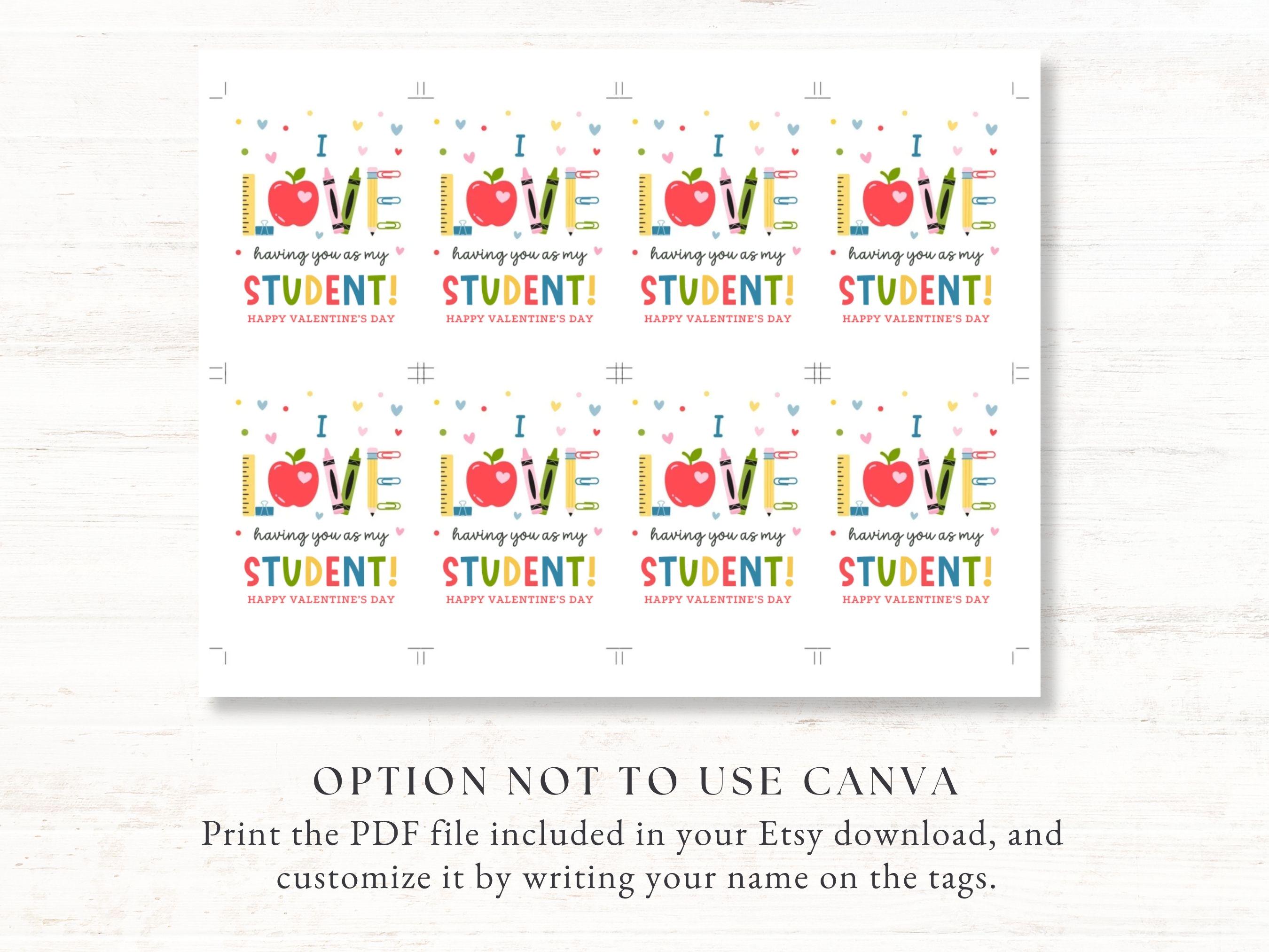 Printable School Valentine Tag, I Love Having You as My Student Card ...