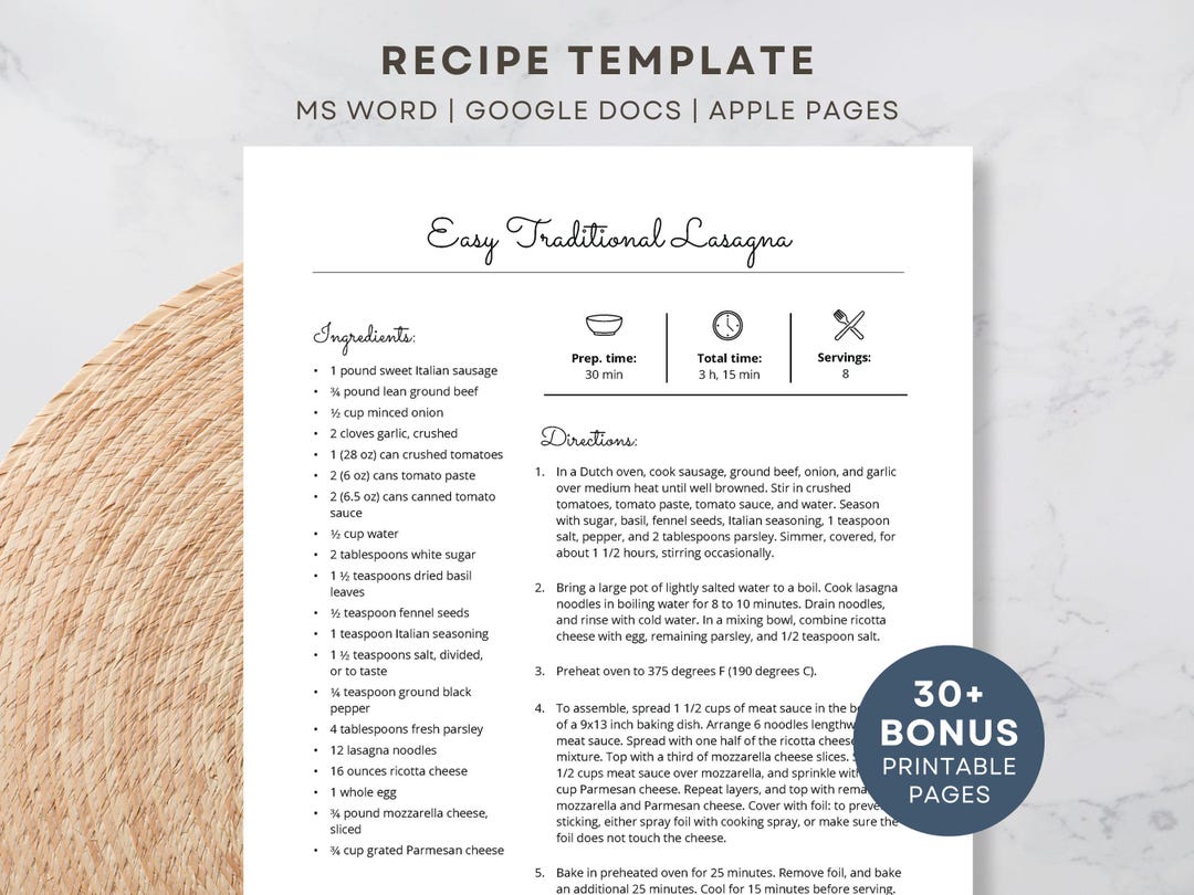 MS Word Recipe Template, Printable Recipe Cookbook, Editable Recipe ...