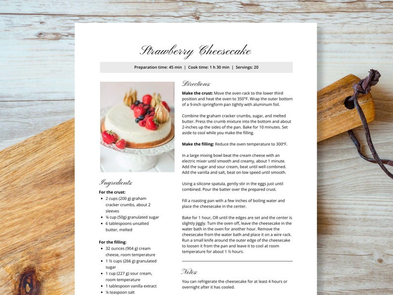 Recipe Template With Sript Font, Printable Recipe Page, Elegant Recipe ...
